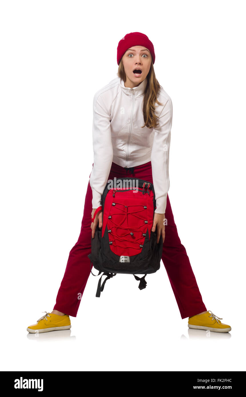 Funny student with backpack isolated on white Stock Photo - Alamy