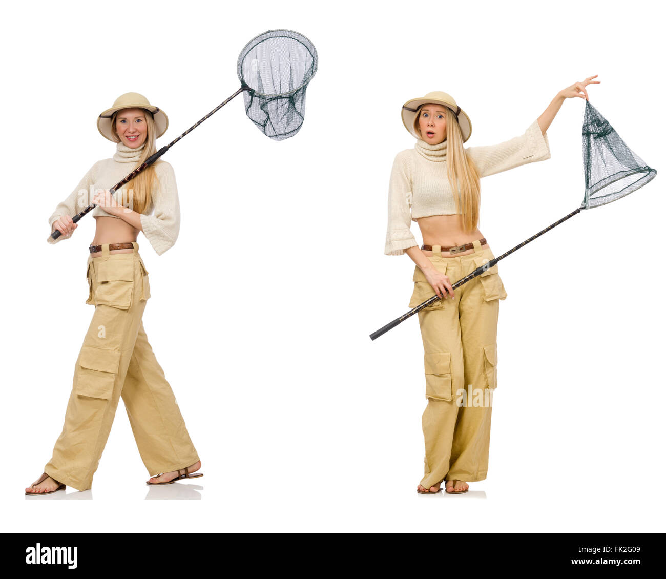 Woman with catching net on white Stock Photo - Alamy