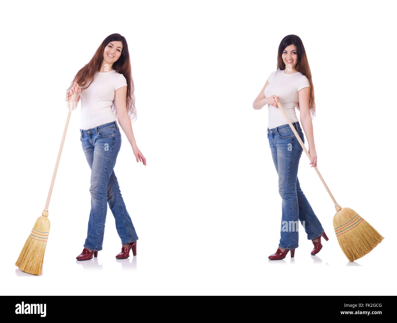 Woman with broom isolated on white Stock Photo - Alamy
