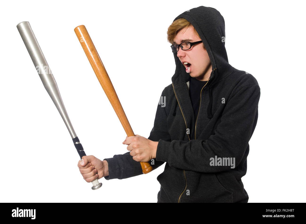 Aggressive man with baseball bat isolated on white Stock Photo - Alamy