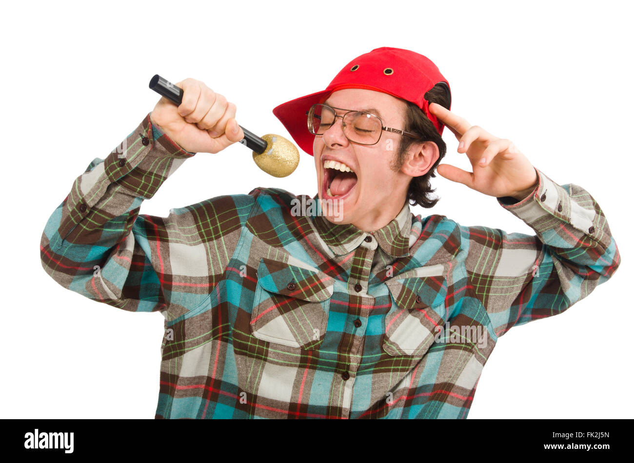 Funny guy singing isolated on white Stock Photo - Alamy