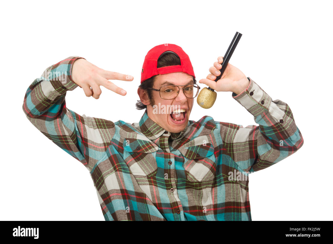 Funny guy singing isolated on white Stock Photo - Alamy