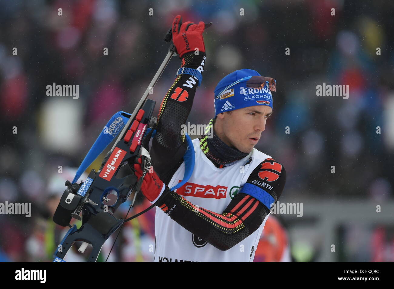 Biathlete Simon Schempp of Germany at the shooting range during the men ...