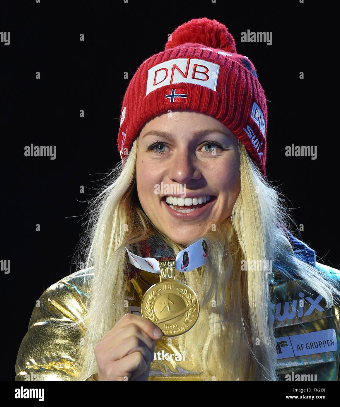 Gold medal winner Tiril Eckhoff of Norway smiles during the medal ...