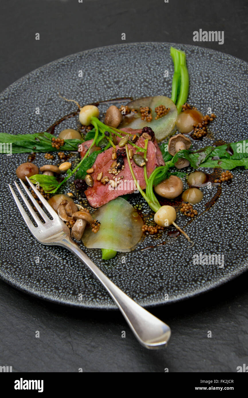 Pave of Cotswold venison cooked with mugwort, with baby turnips and ...