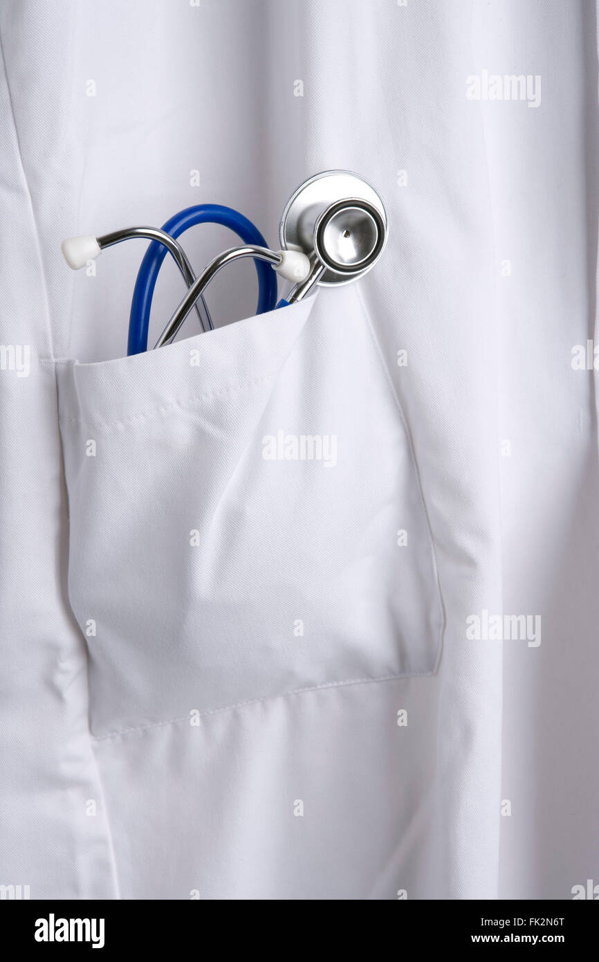Pocket Of A White Doctors Coat With Blue Stethoscope Stock Photo - Alamy