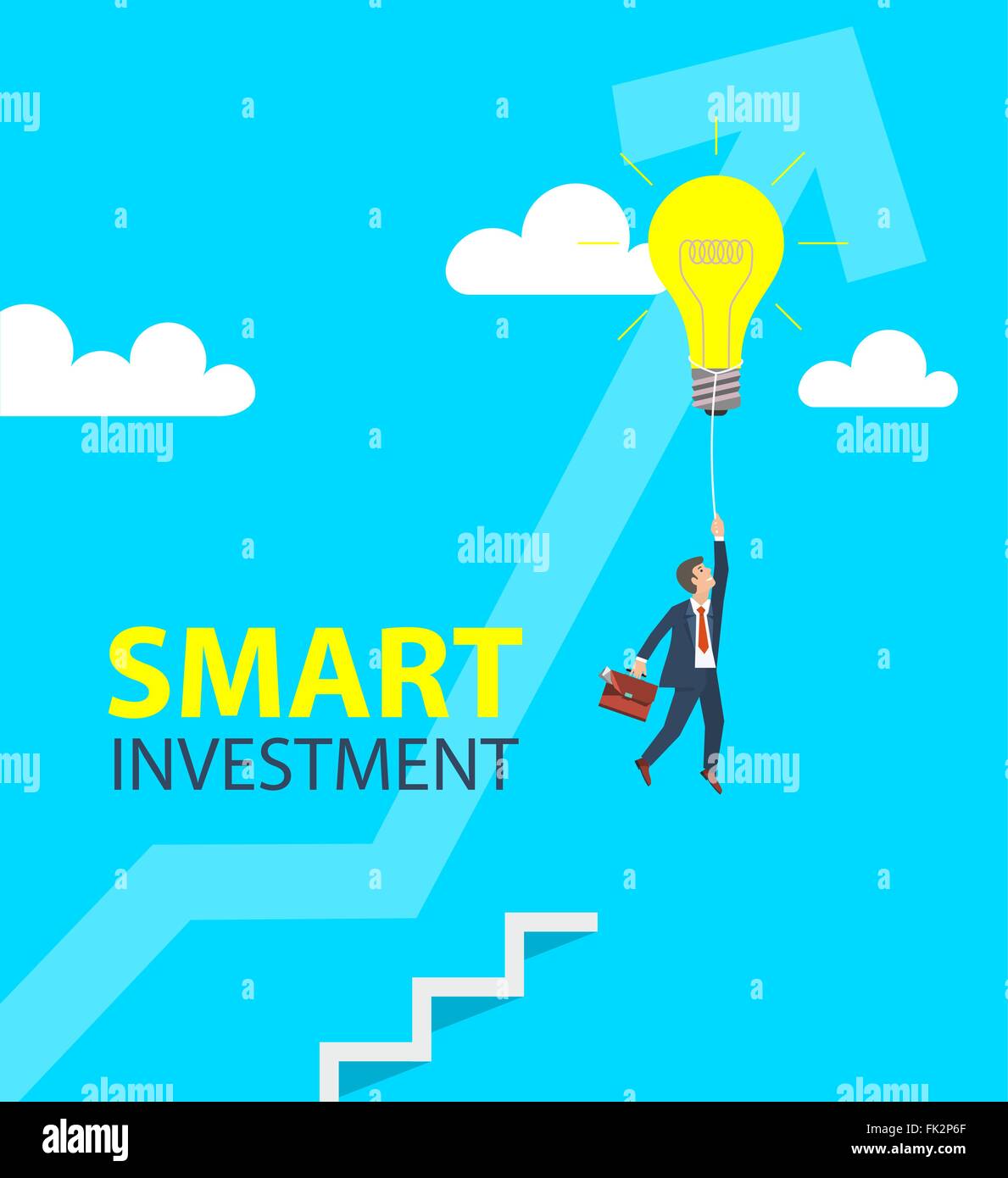 Smart business investment. Businessman flying on big light bulb. Vector ...