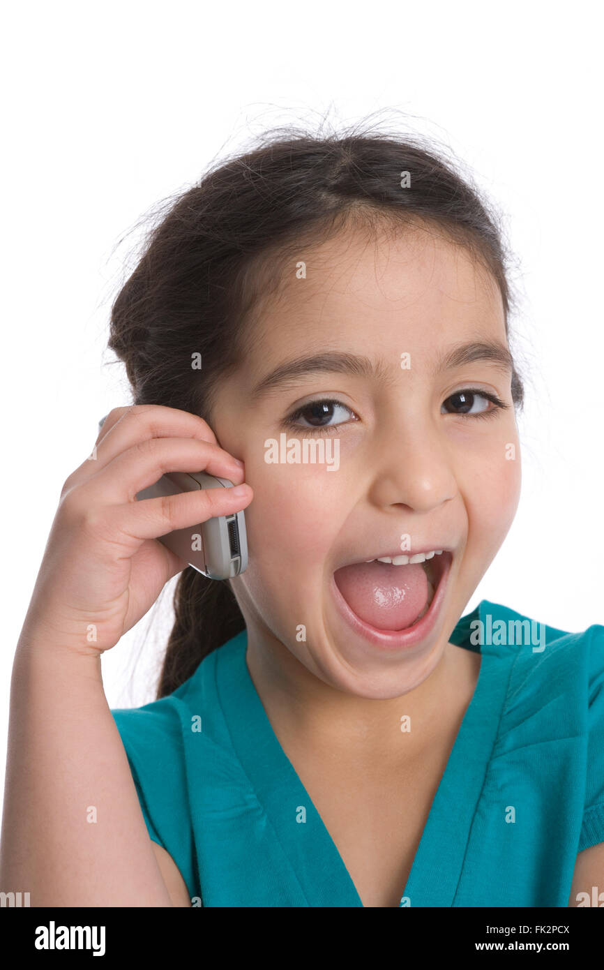 Little Girl Is Yelling Into Her Mobile Phone With Excitement on white ...