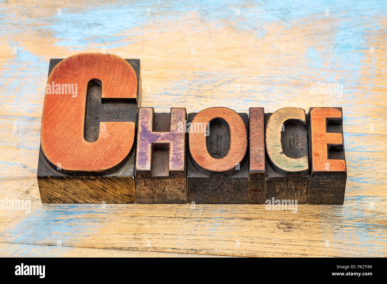 choice word in vintage letterpress wood type blocks stained by color ...