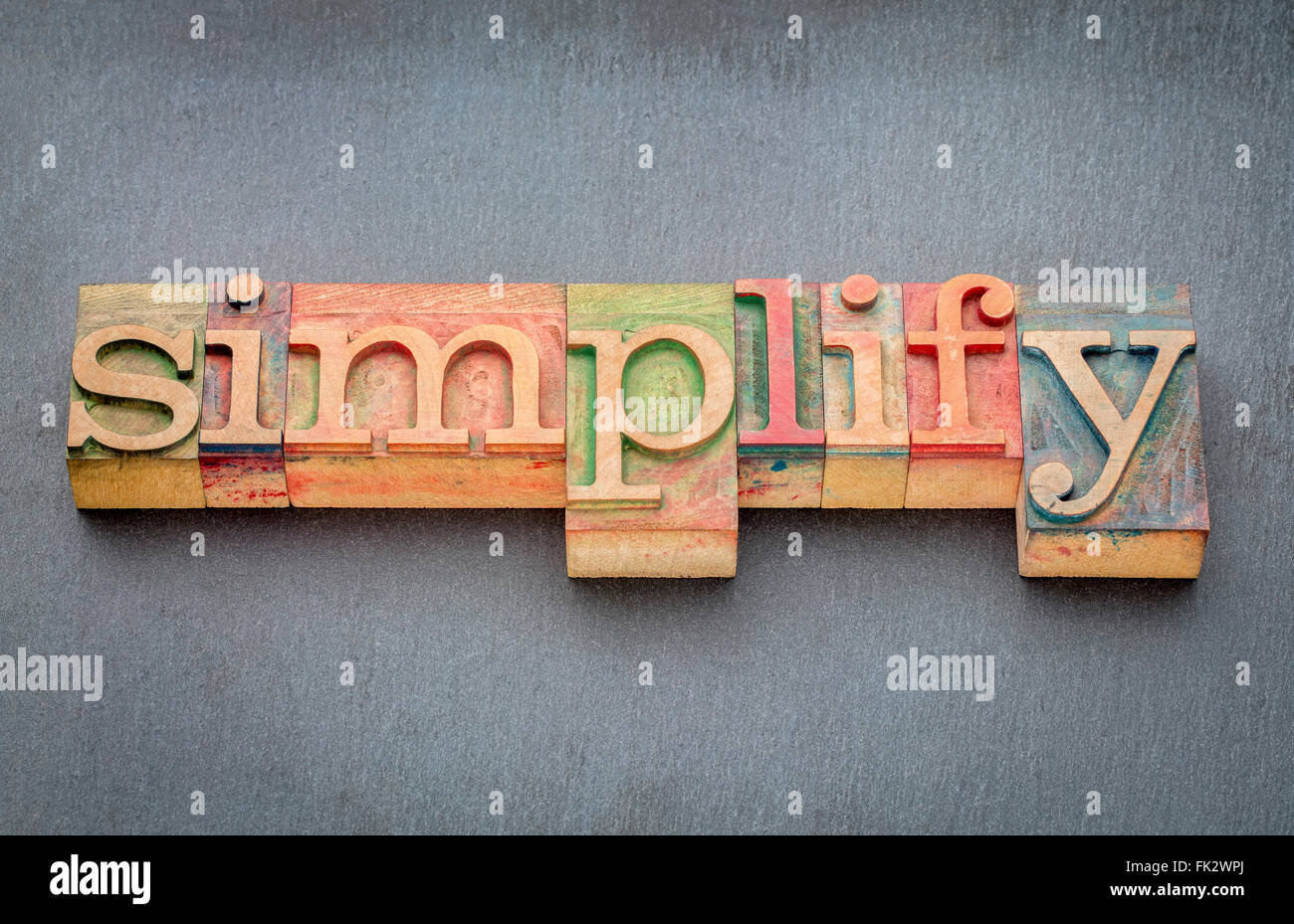 simplify word in letterpress wood type printing blocks stained by color ...