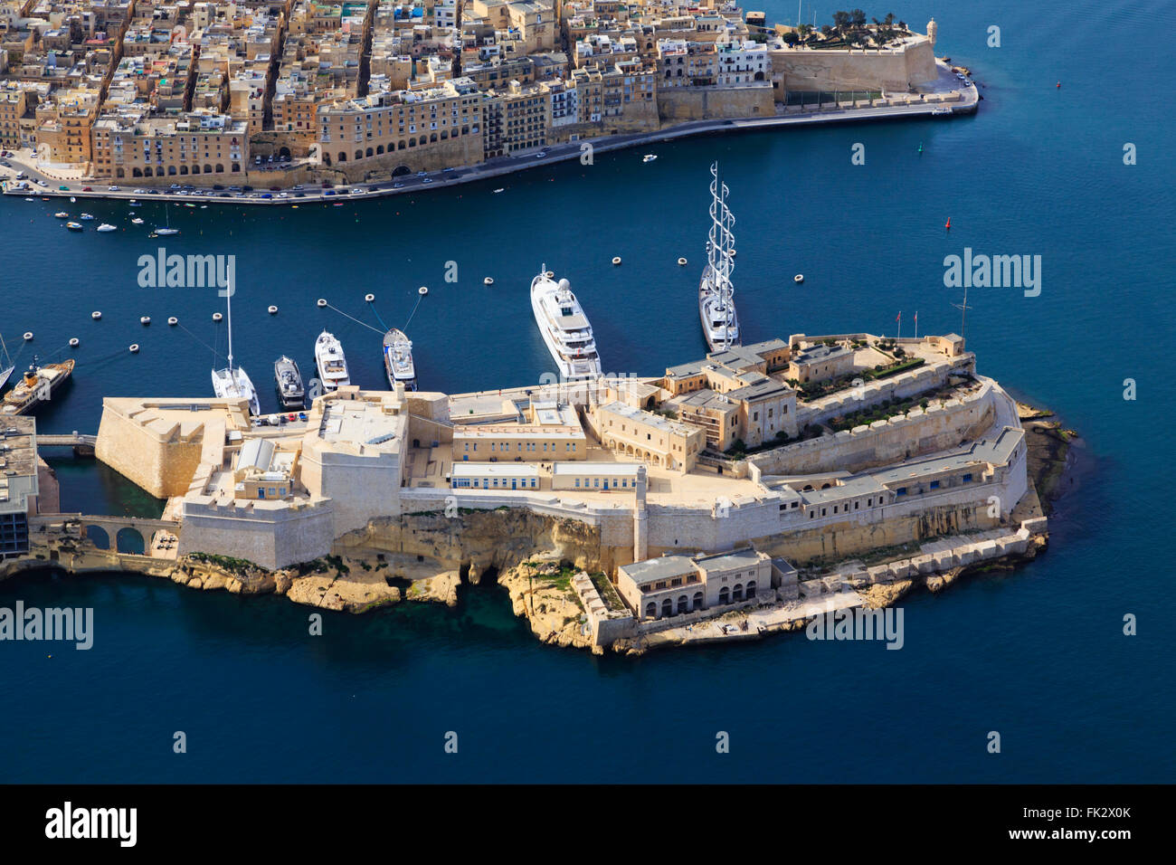 Aerial view of Luxury yachts moored of Fort St Angelo, Valletta, Malta ...