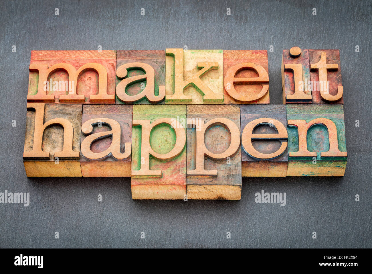 make it happen - inspirational phrase in letterpress wood type printing ...