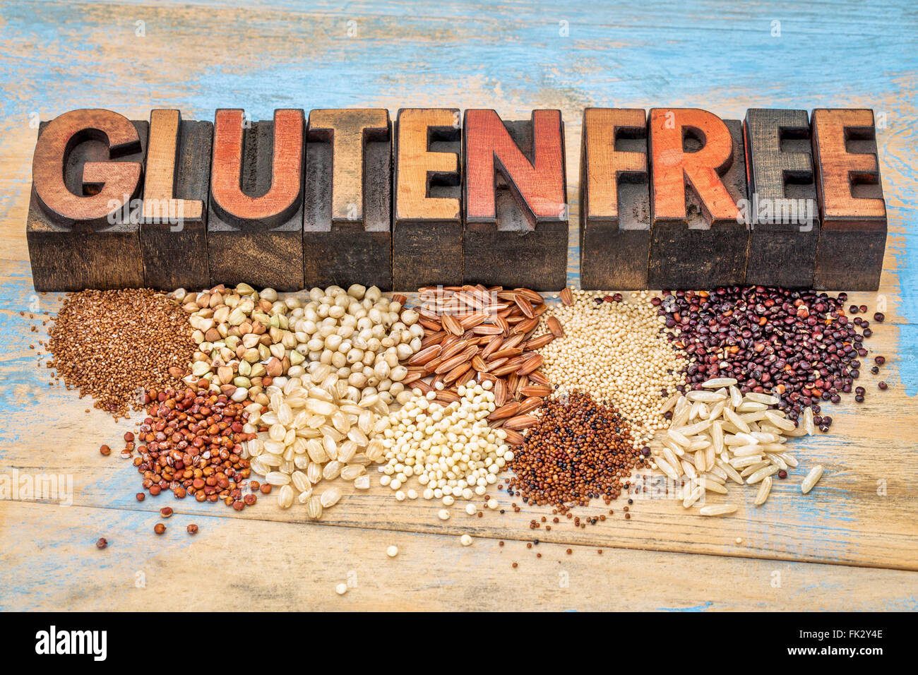 a selection of gluten free grains (quinoa, rice, teff, buckwheat ...