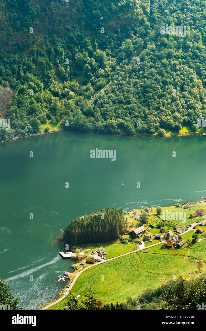 Small picturesque village near Sognefjord fjord in Norway. Amazing ...