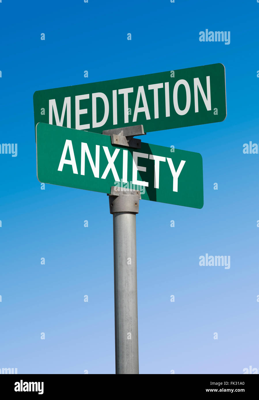 green street sign meditation and anxiety Stock Photo - Alamy