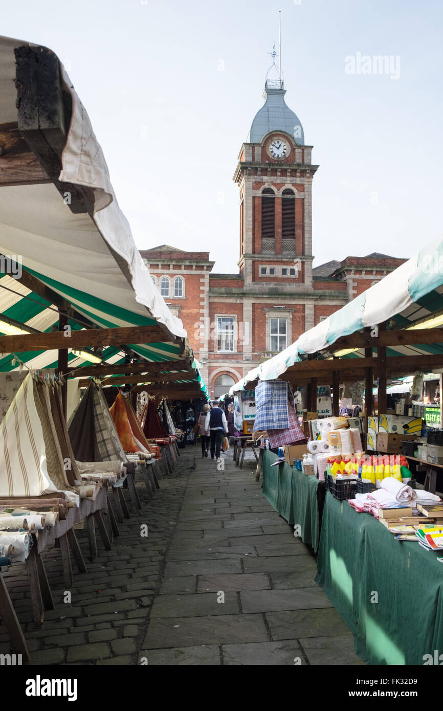 Market stalls at Chesterfield in front of clock tower Stock Photo - Alamy