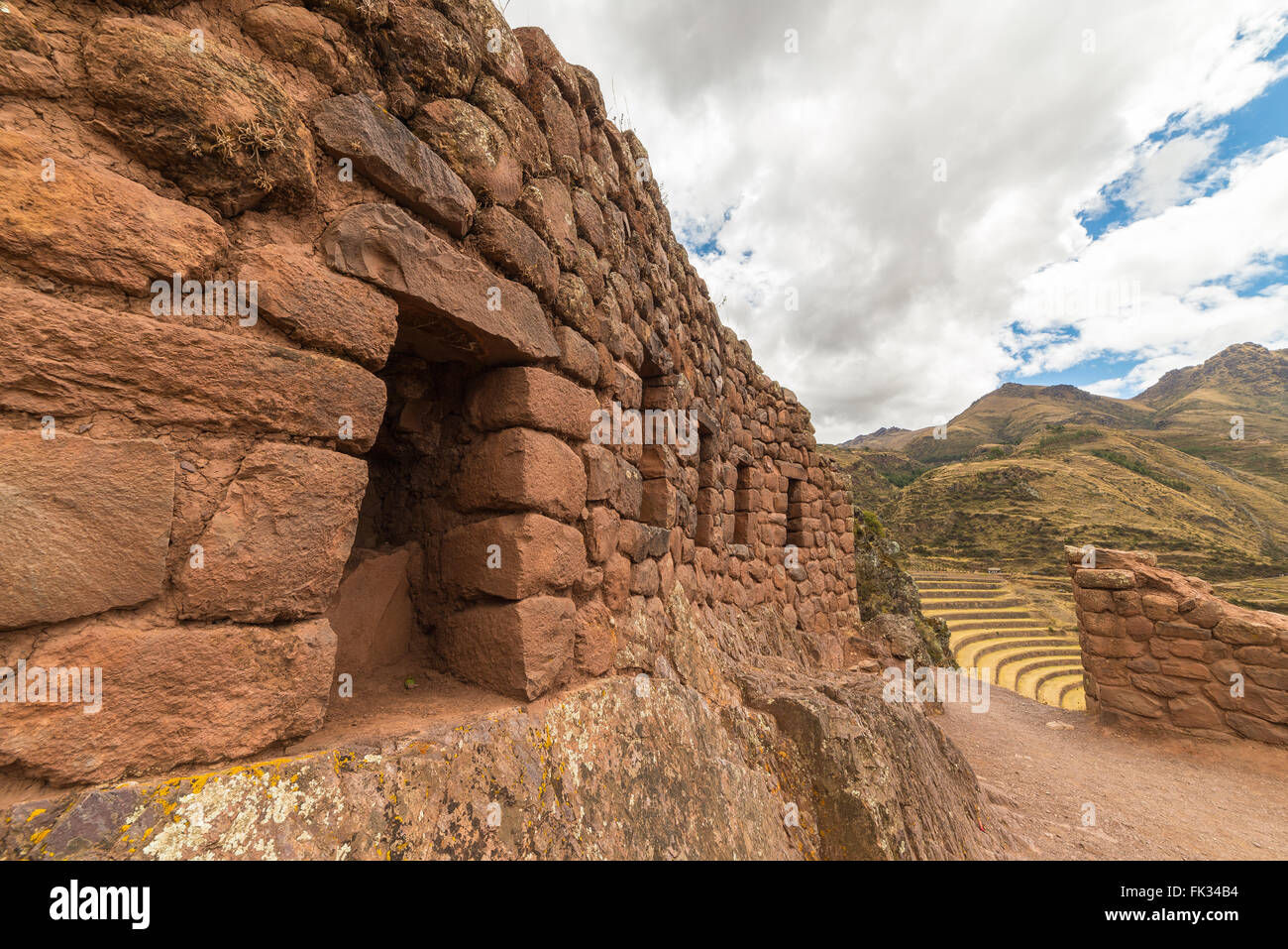 Wide angle view of the glowing majestic concentric terraces of Pisac ...