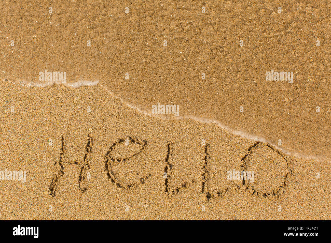 Hello - word drawn on the sand beach with the soft wave Stock Photo - Alamy