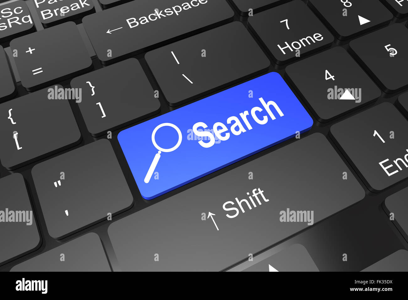 Keyboard blue enter button with search word and magnifying glass symbol ...