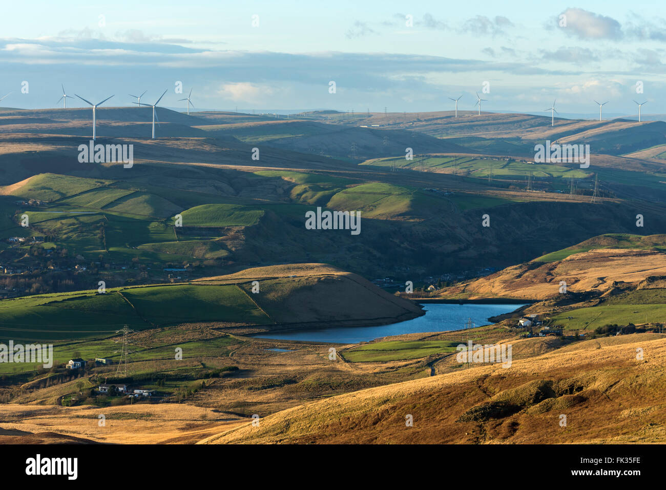 Chelburn reservoir and wind turbines from Blackstone Edge, near ...