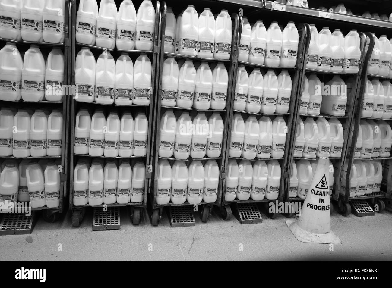 Superstore display of milk in plastic containers, Morrisons supermarket ...