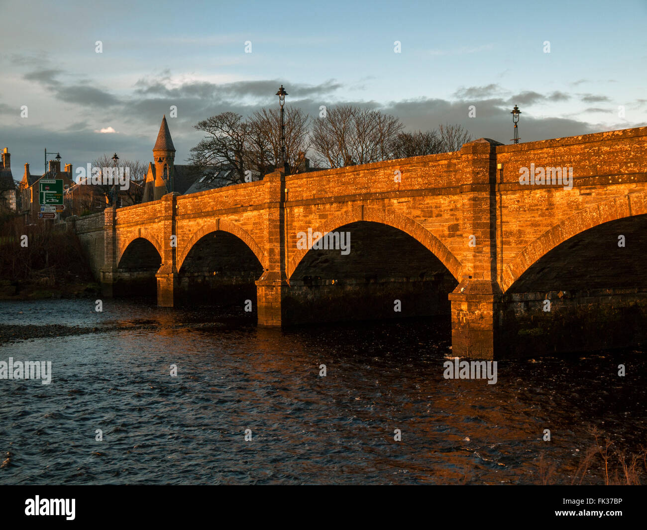 The A9 road bridge over the river Thurso at sunset, Thurso, Caithness ...