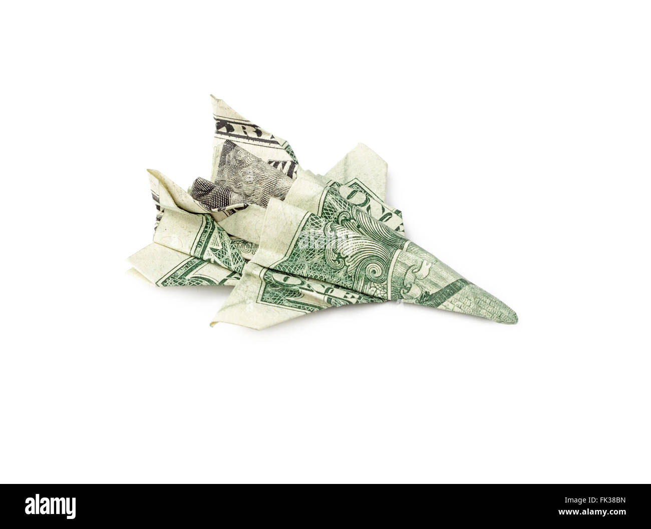 Dollar origami fighter jet isolated on white background. Side view ...