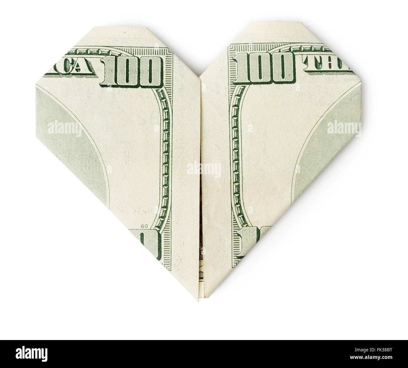 Hundred dollars folded into heart isolated on white background ...