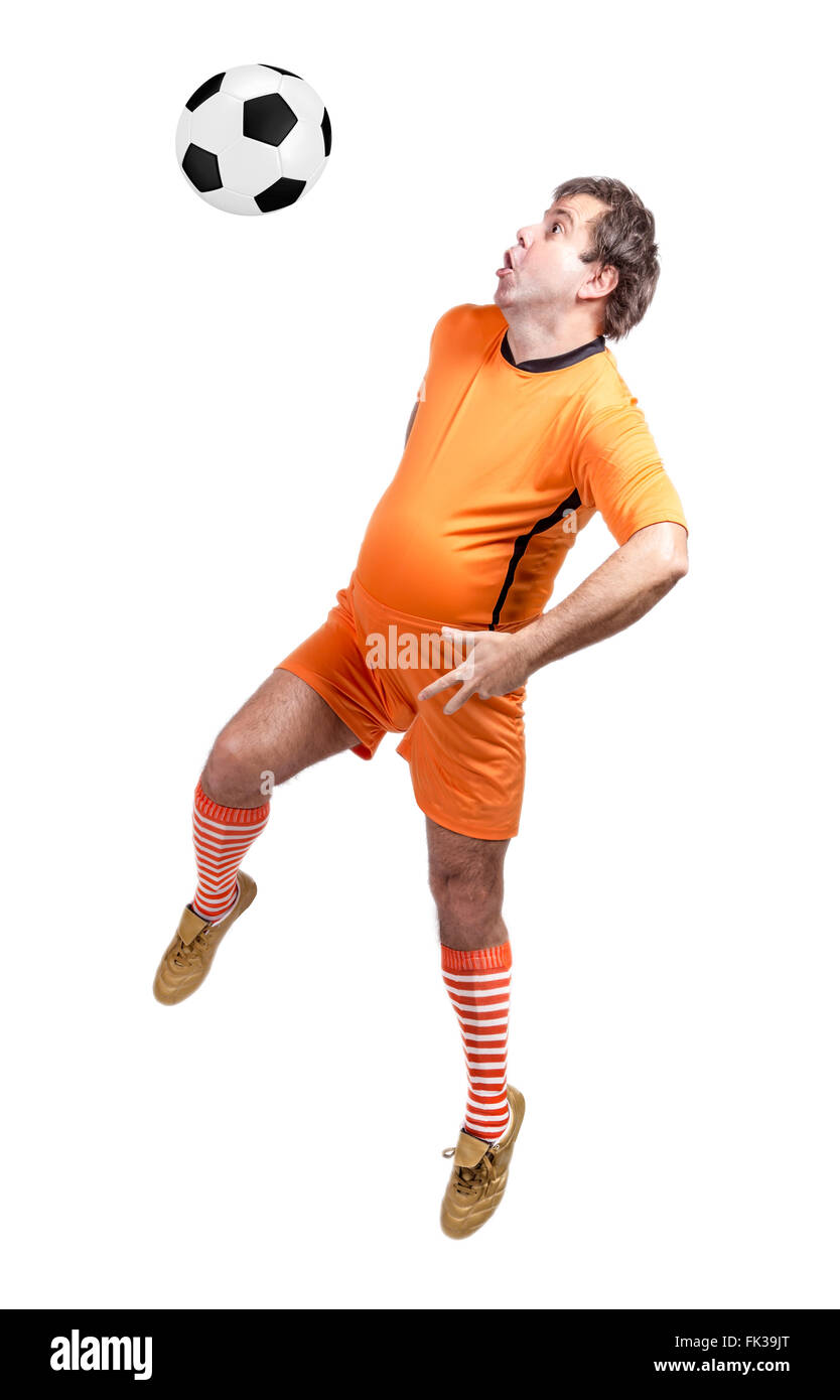 recreational fat football player kicking the ball isolated on a white ...