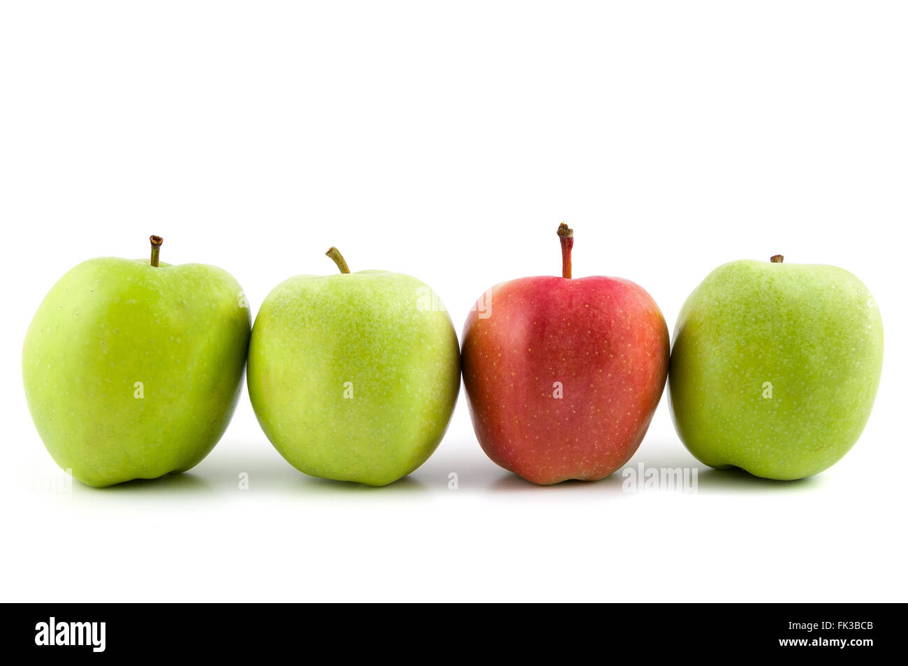 One red apple among green apples isolated on white background with ...