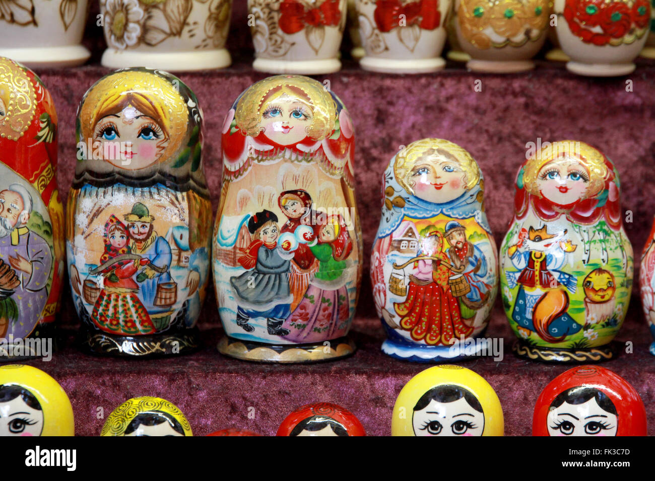 Russian toy matrioska dolls in row as a background. Many traditional ...