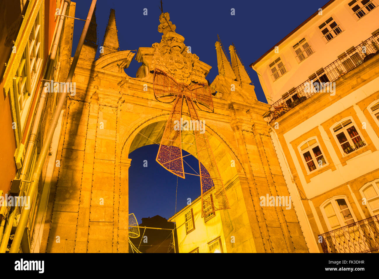 Arch of the New Gate in Braga in Portugal during Christmas Stock Photo ...