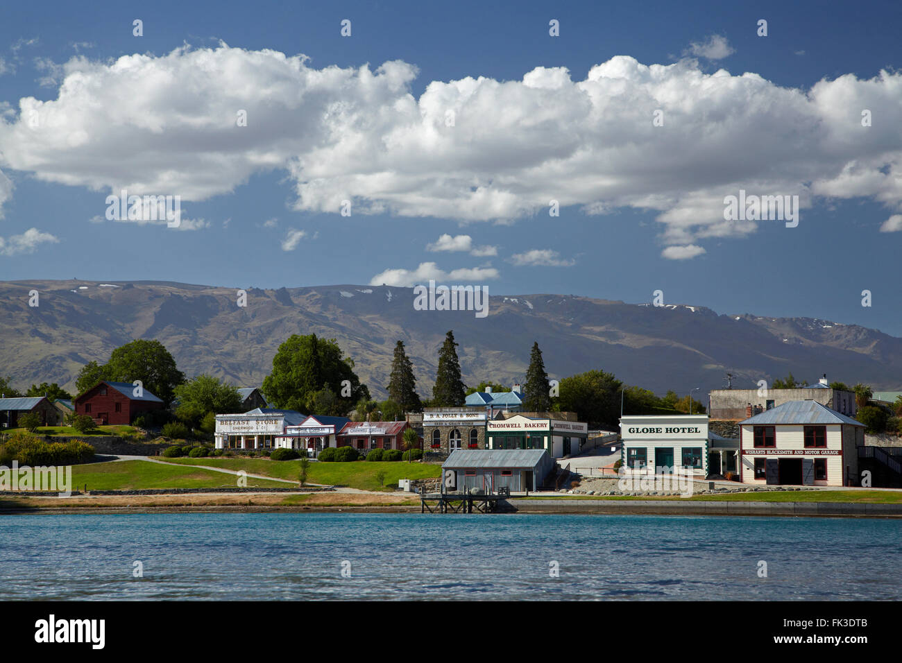 Lake Dunstan, historic buildings at Old Cromwell Town, and Pisa Range ...