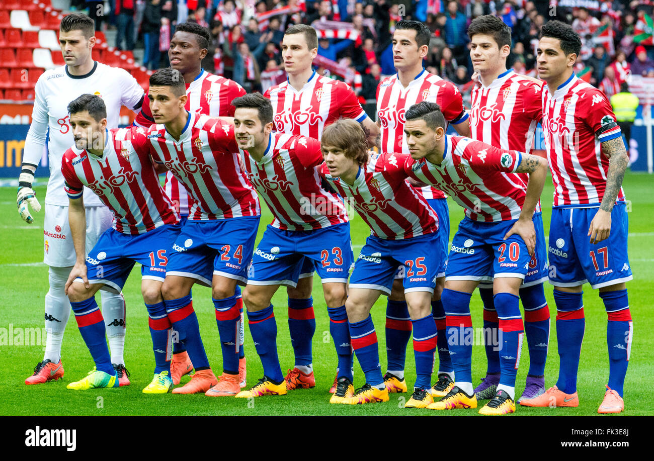 Gijon, Spain. 6th March, 2016. Initial team of Real Sporting de Gijon ...