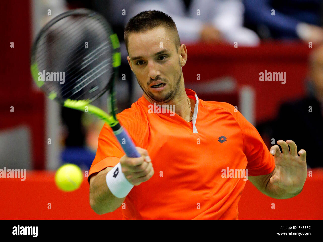 Belgrade. 6th Mar, 2016. Serbia's tennis player Viktor Troicki returns ...