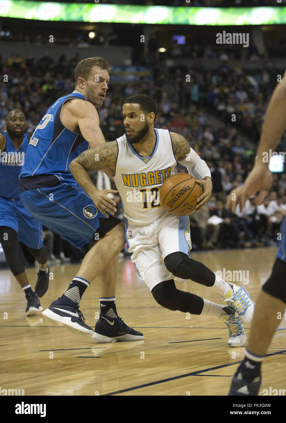 Denver, Colorado, USA. 6th Mar, 2016. Nuggets D.J. AUGUST, center ...