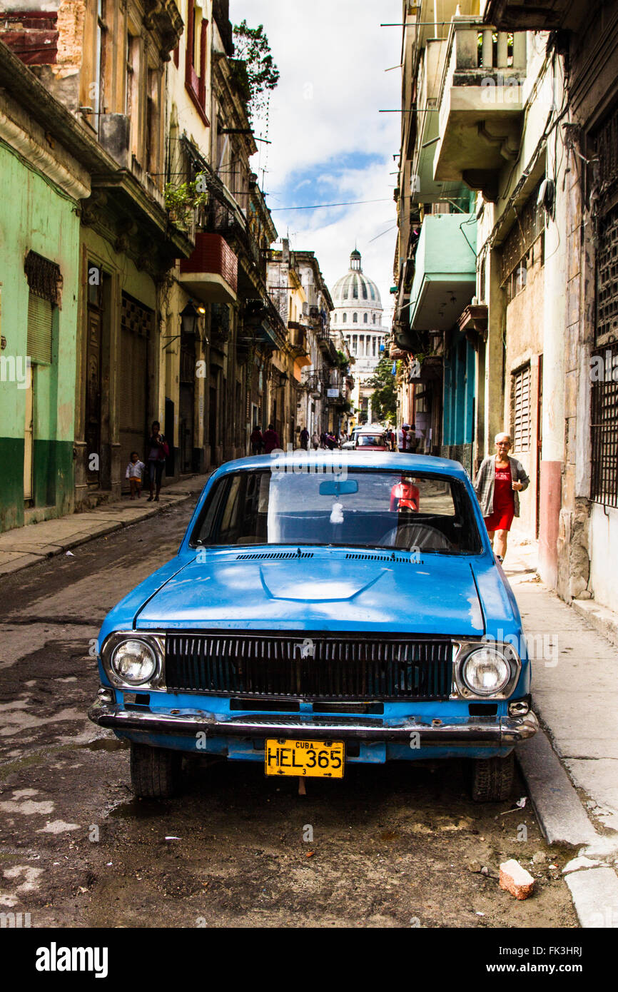 Blue Car on Havana Street, Cuba Stock Photo - Alamy