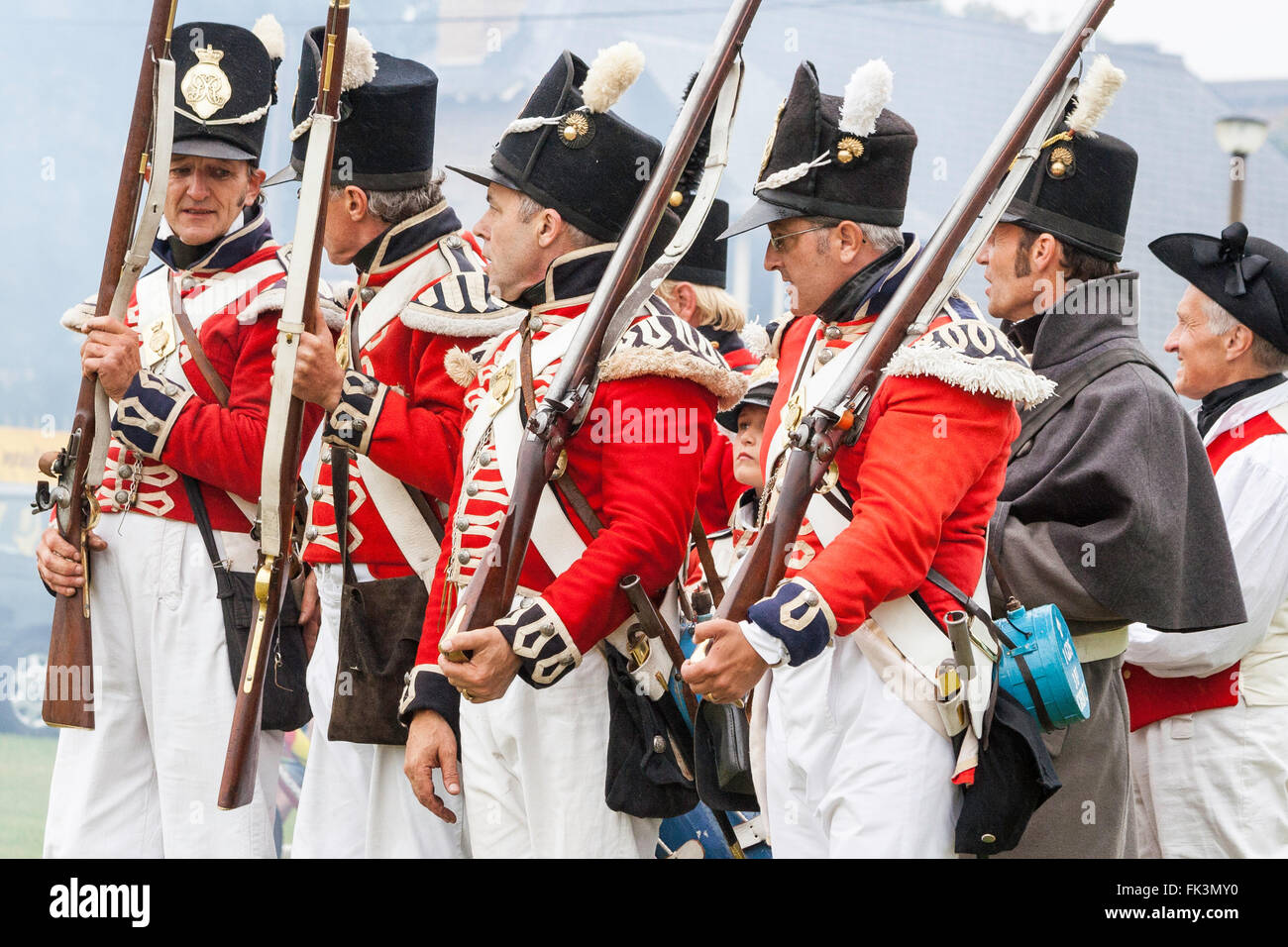 Napoleonic war re-enactment, living history. English Redcoats, 1st foot ...