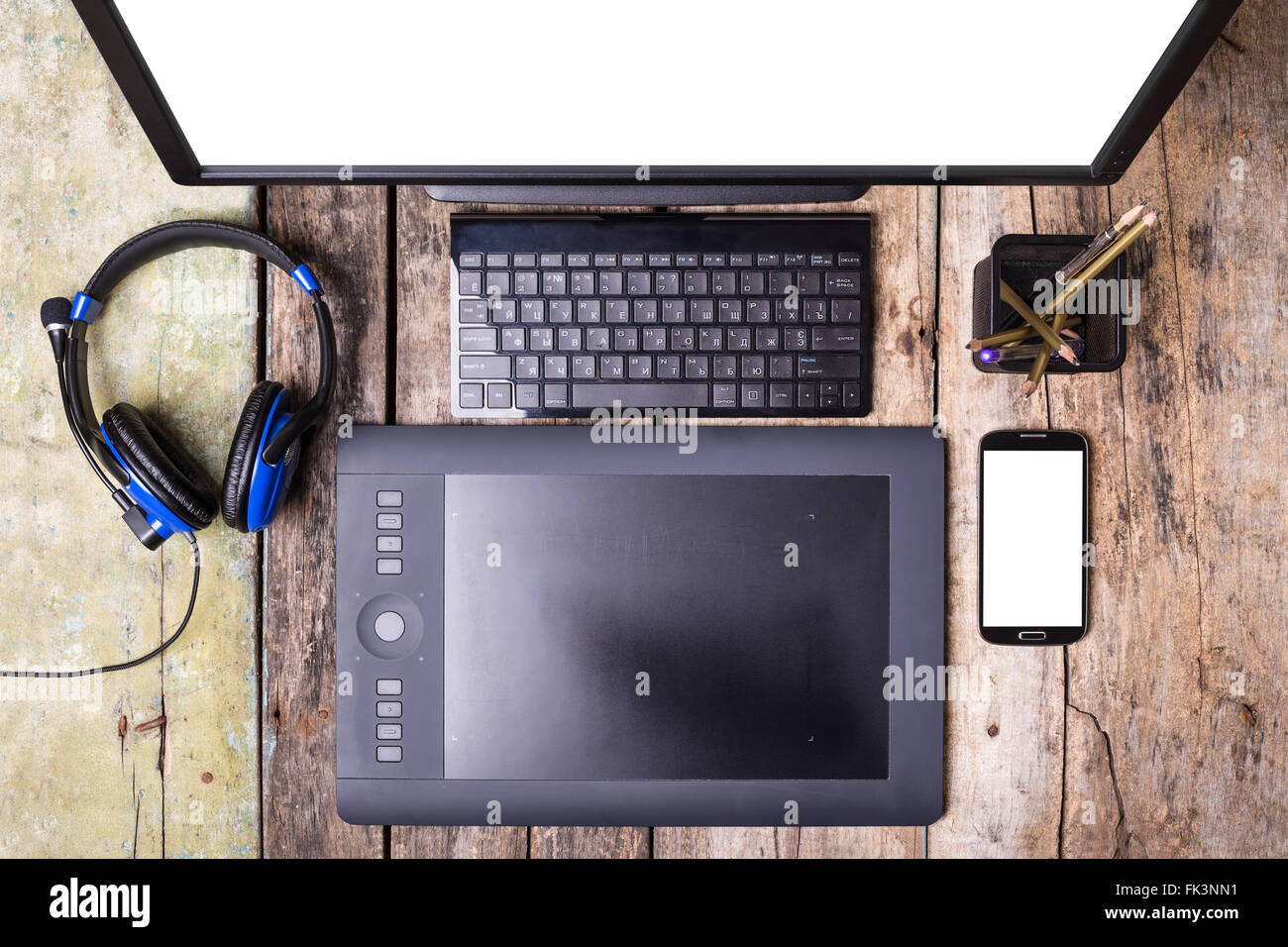 Top view image of graphic designer workplace mock-up. Computer monitor ...