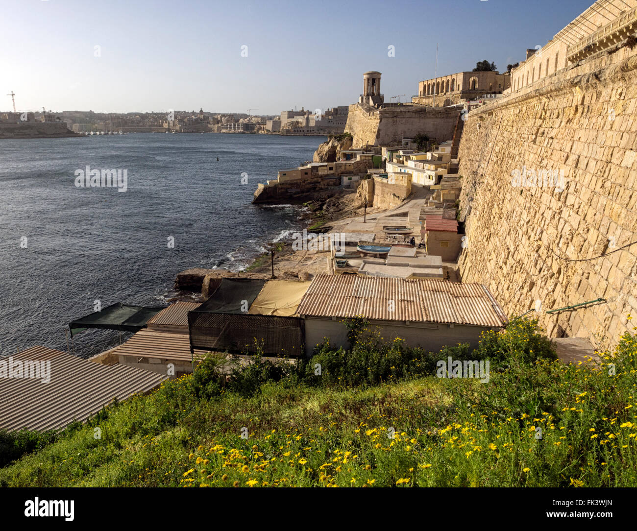 Harbour front in Valletta, Malta, with the bell tower World War Two ...