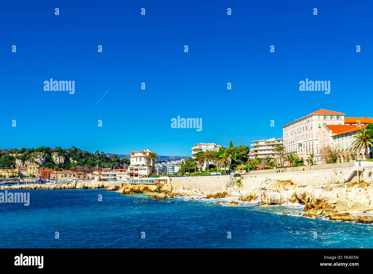 Panoramic view of coastline and beach with blue sky, luxury resort and ...