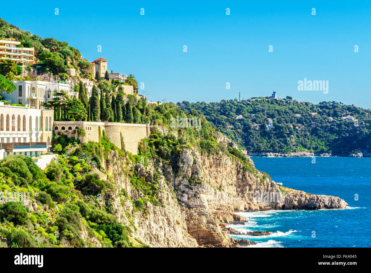 Panoramic view of coastline and beach with blue sky, luxury resort and ...