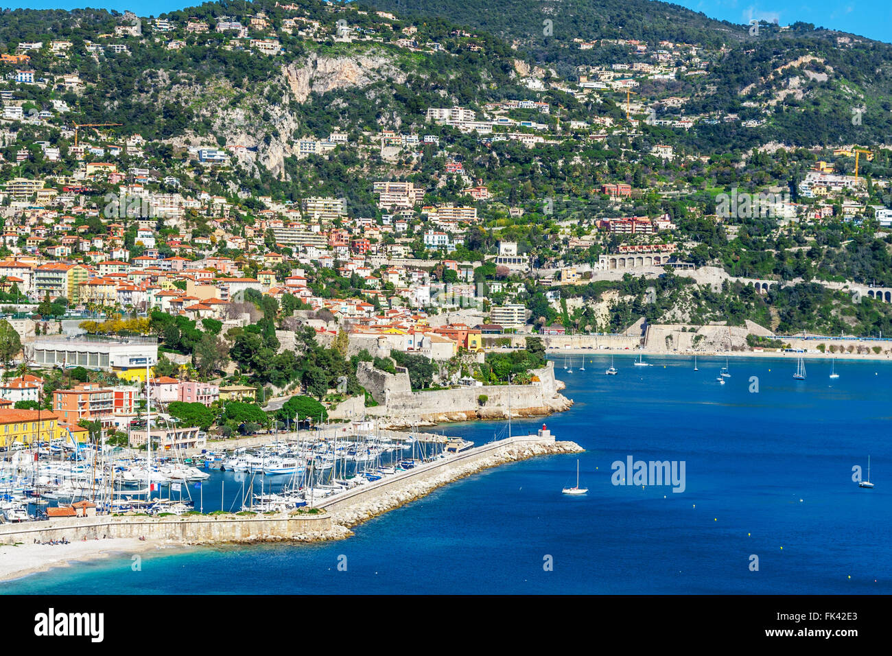 Panoramic view of coastline and beach with blue sky, luxury resort and ...