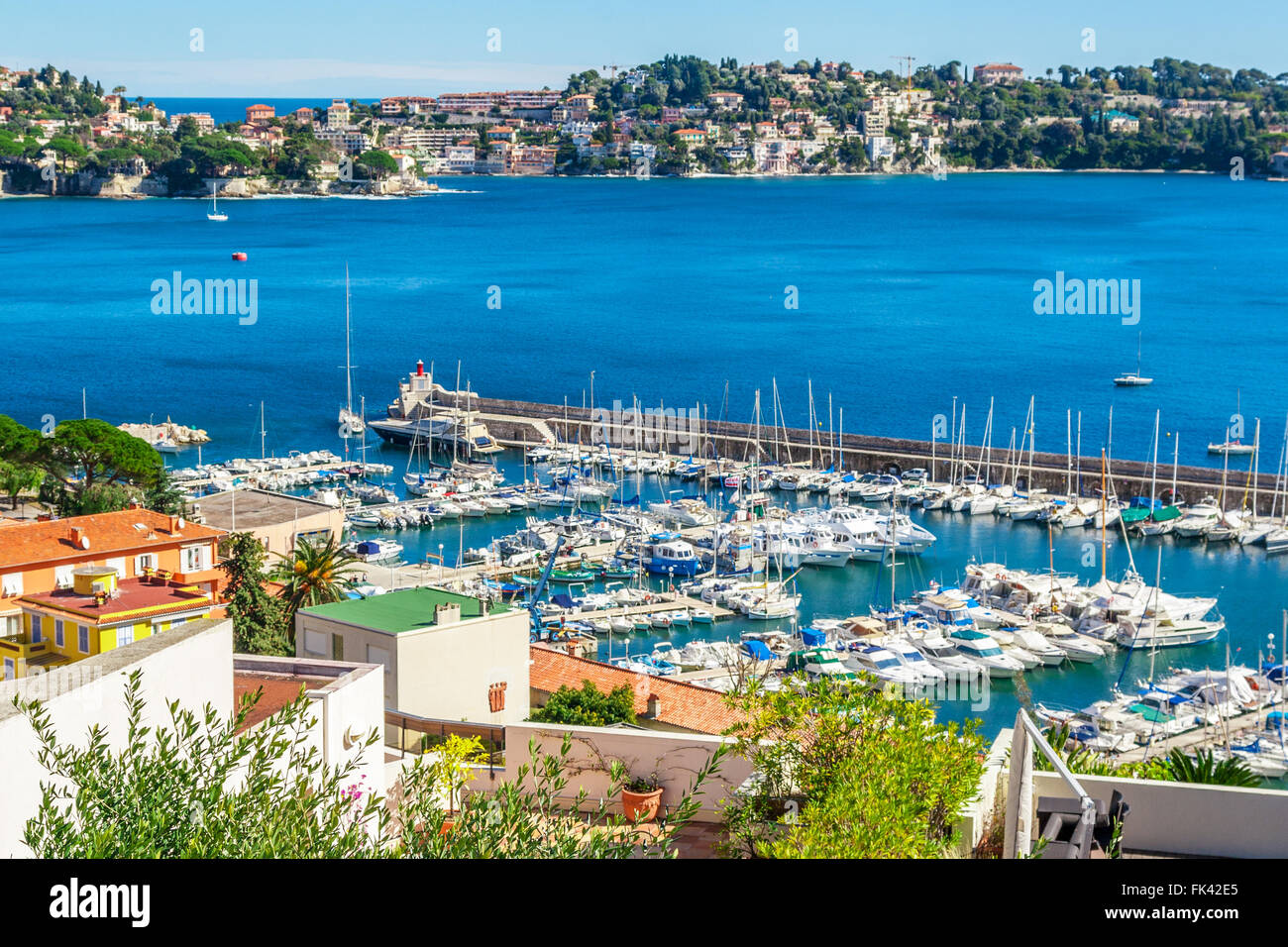 Panoramic view of coastline and beach with blue sky, luxury resort and ...