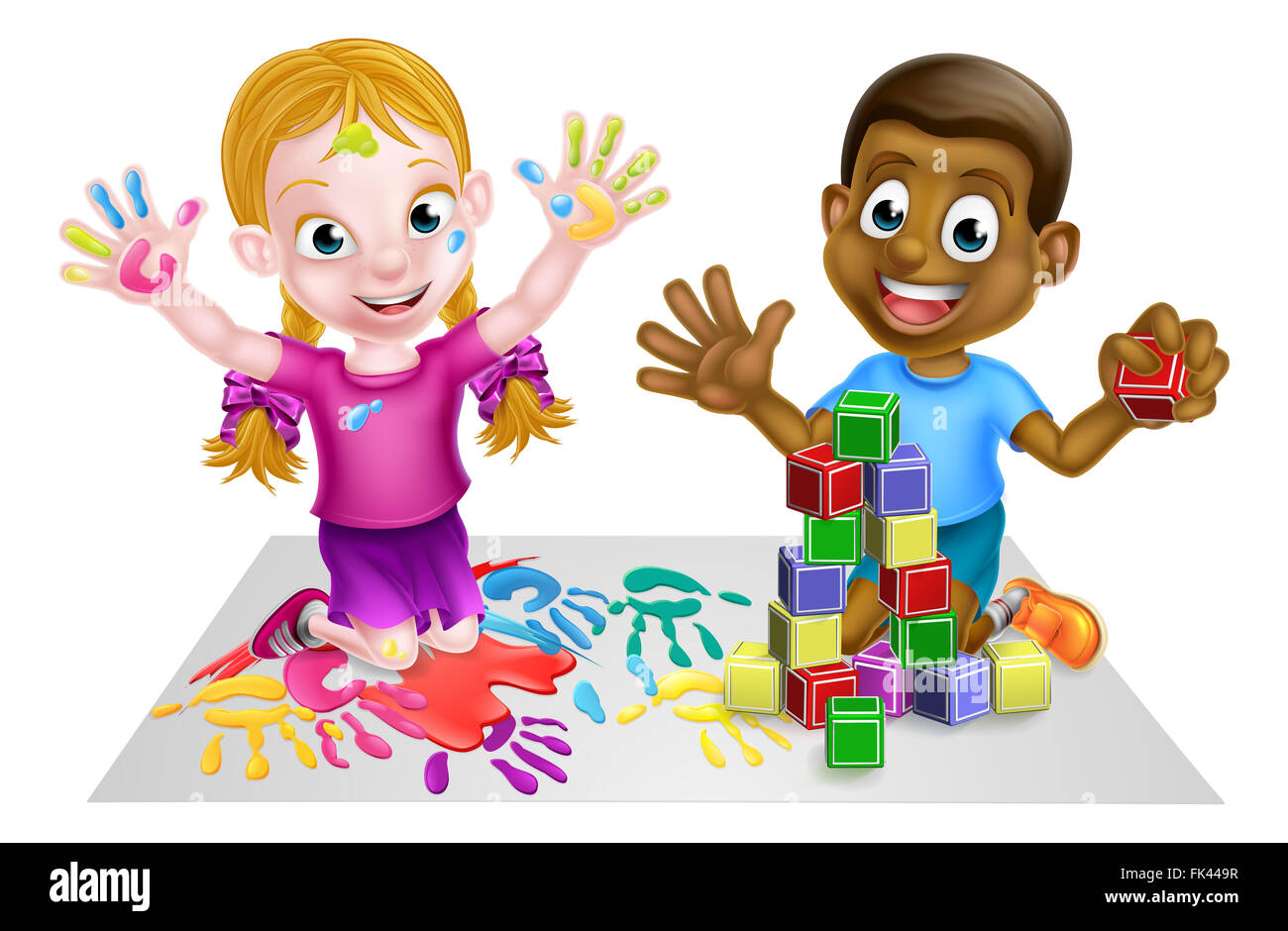Two kids playing with paints and toy building blocks Stock Photo - Alamy