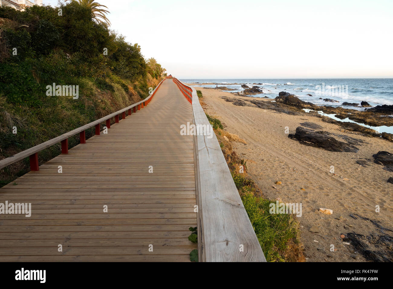 Wooden boardwalk, walkway, seafront promenade, connecting beaches of ...