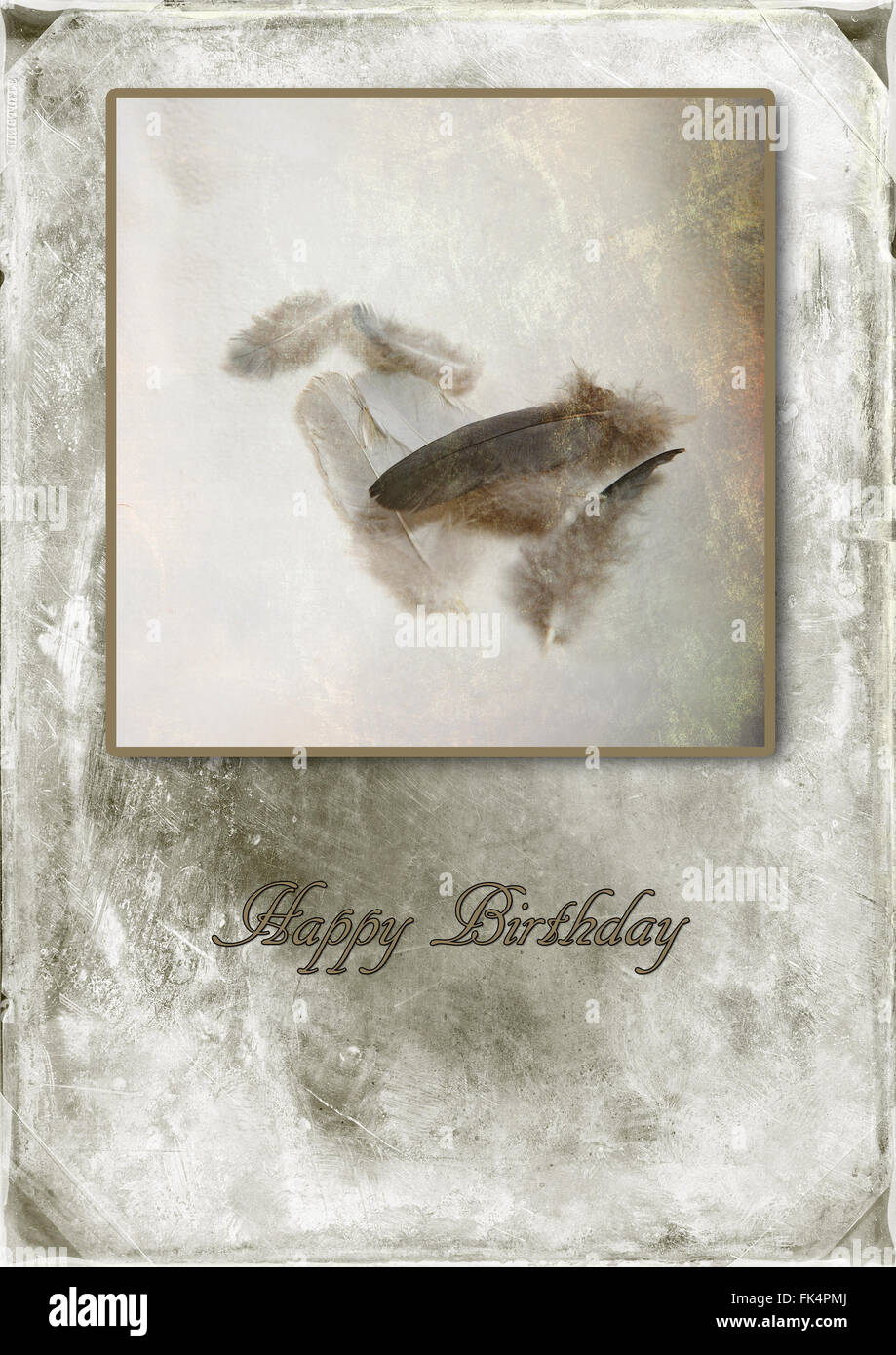 Birthday card with textures and feathers Stock Photo - Alamy