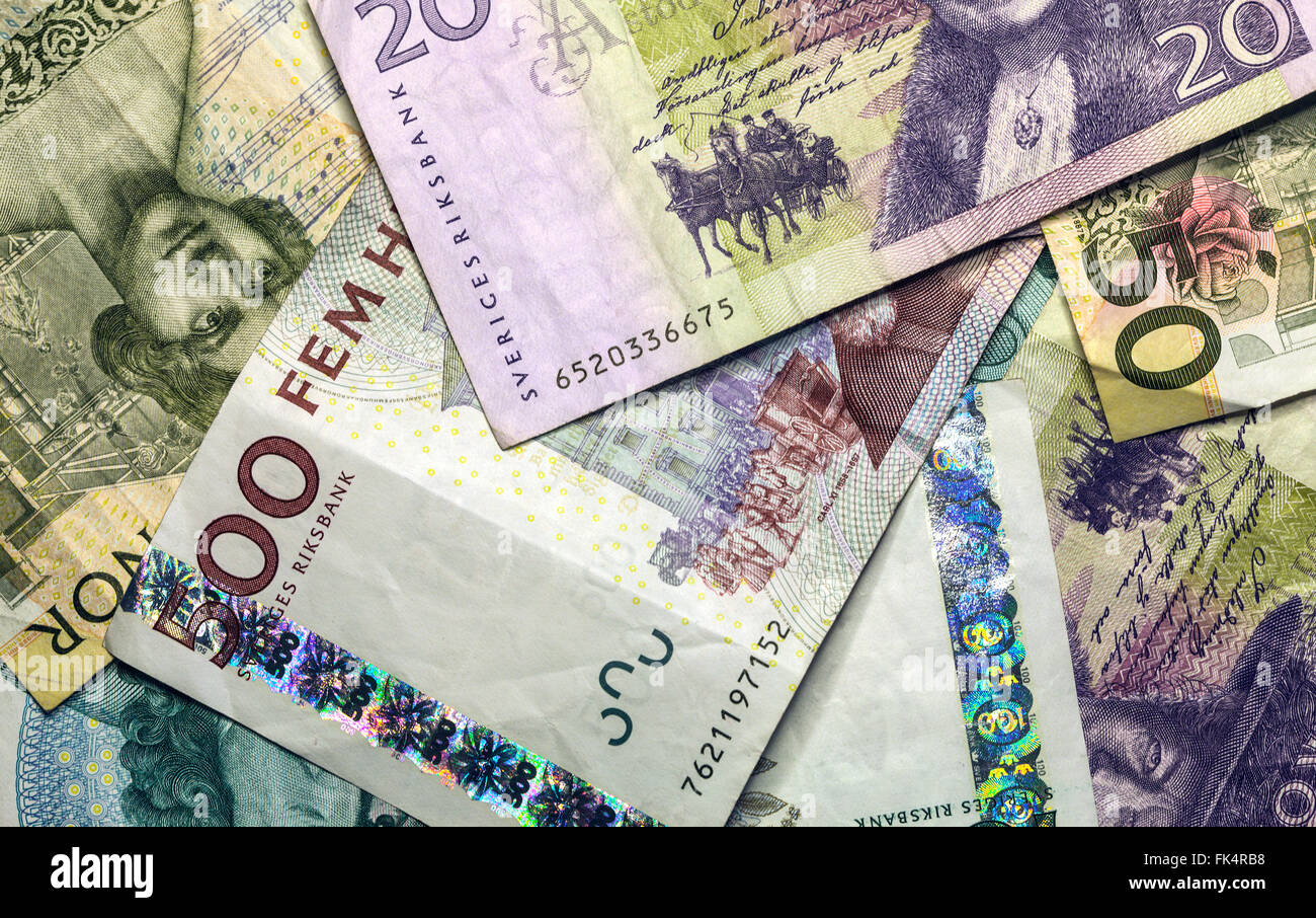 Swedish banknotes of different values. Mixed 20, 50, 100 and 500 ...