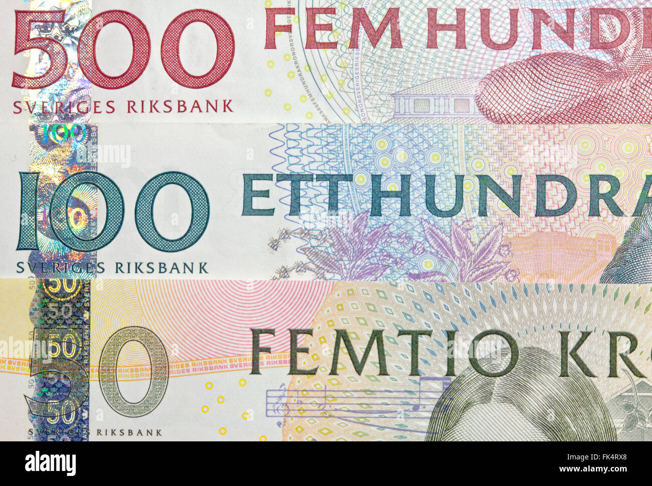Swedish banknotes of different values. Mixed 50, 100 and 500 banknotes ...