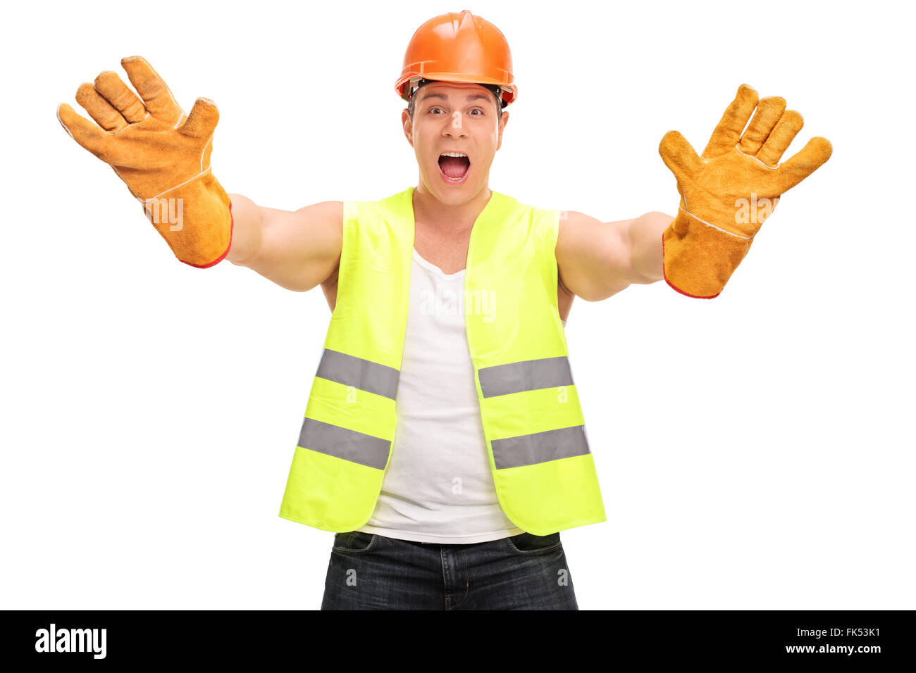 Studio shot of a construction worker shouting and gesturing isolated on ...